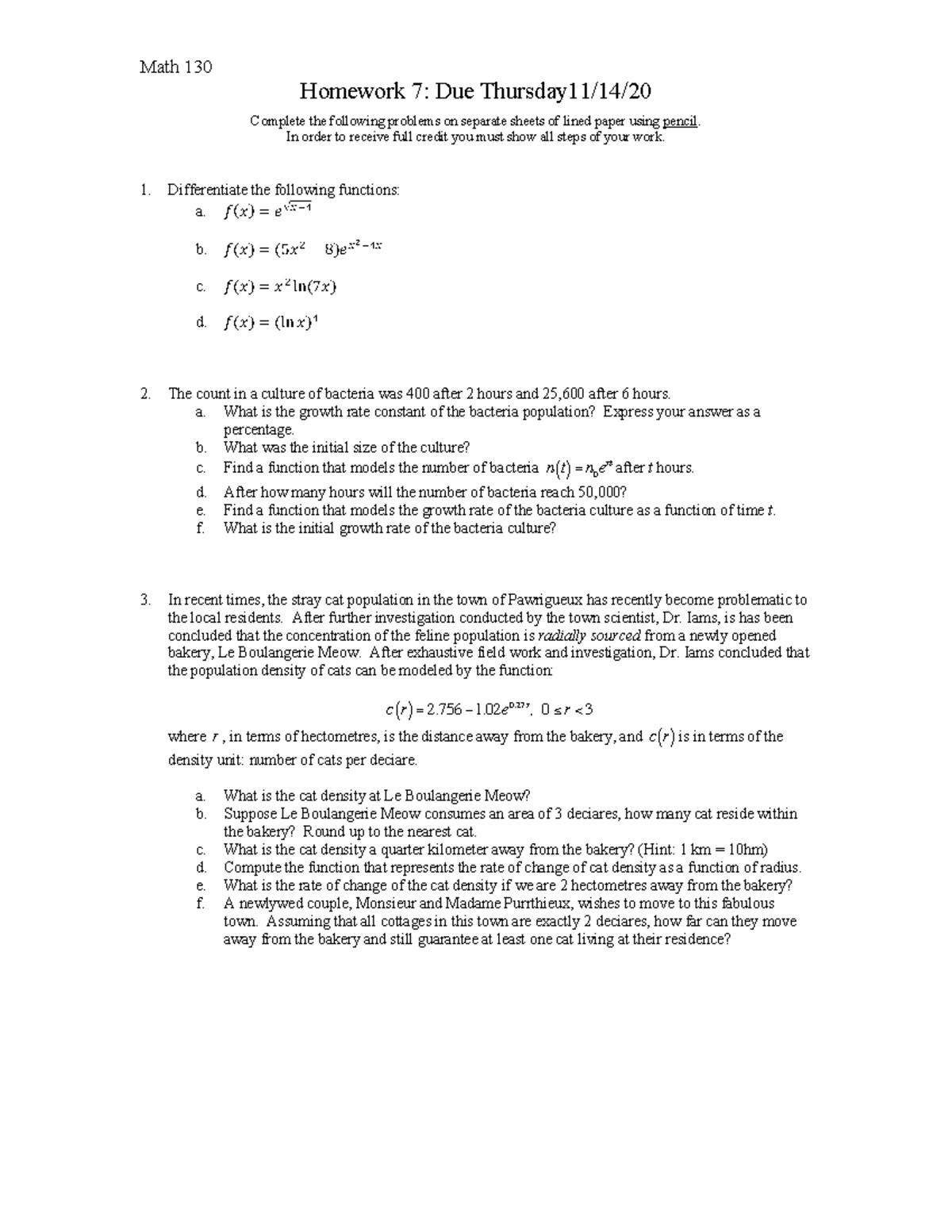 Usd.fa19 - mandatory homework - Math 130 Homework 7: Due Thursday11/14/ Complete the following ...