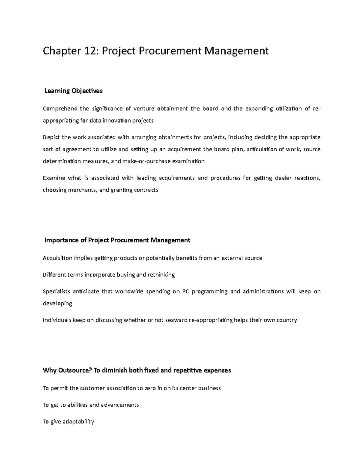 Chapter 12 - Lecture notes 12 - Chapter 12: Project Procurement ...