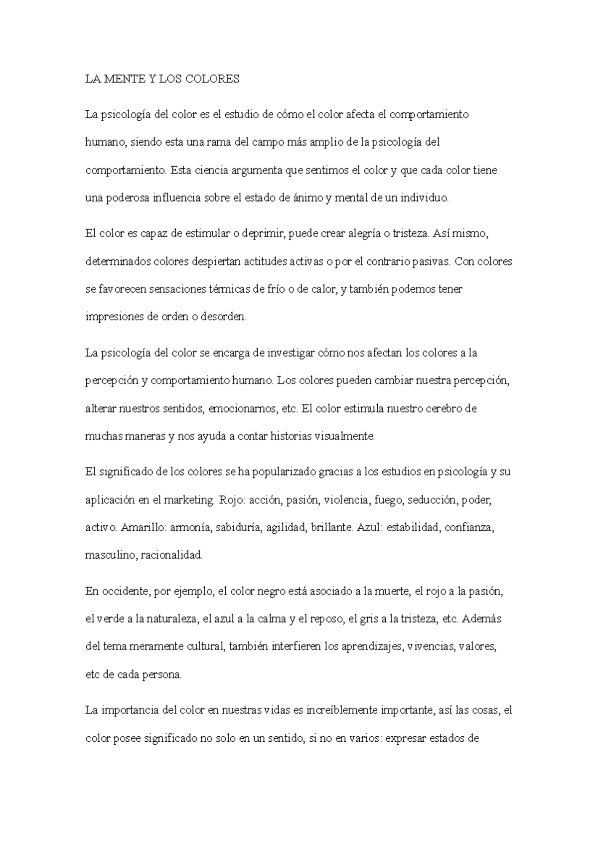 LA Mente Y LOS Colores - Material de apoyo - LA MENTE Y LOS COLORES La ...