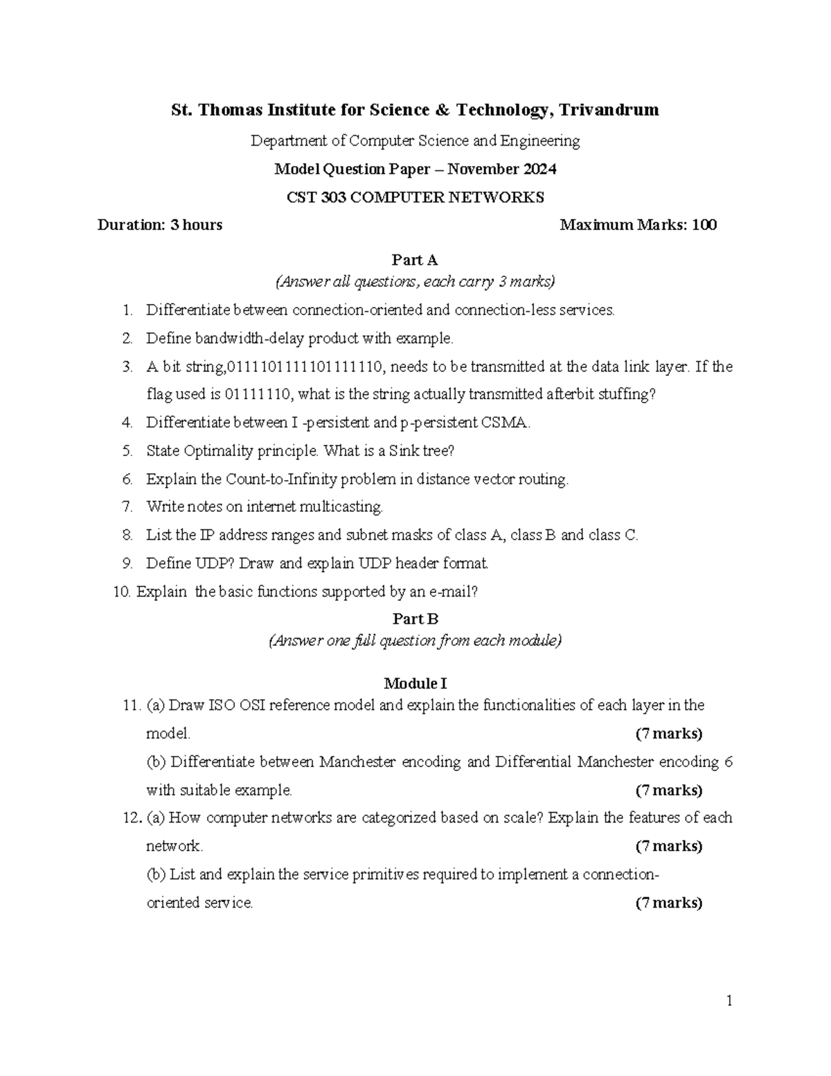 CST313CN Model QP - St. Thomas Institute for Science & Technology, Trivandrum Department of ...