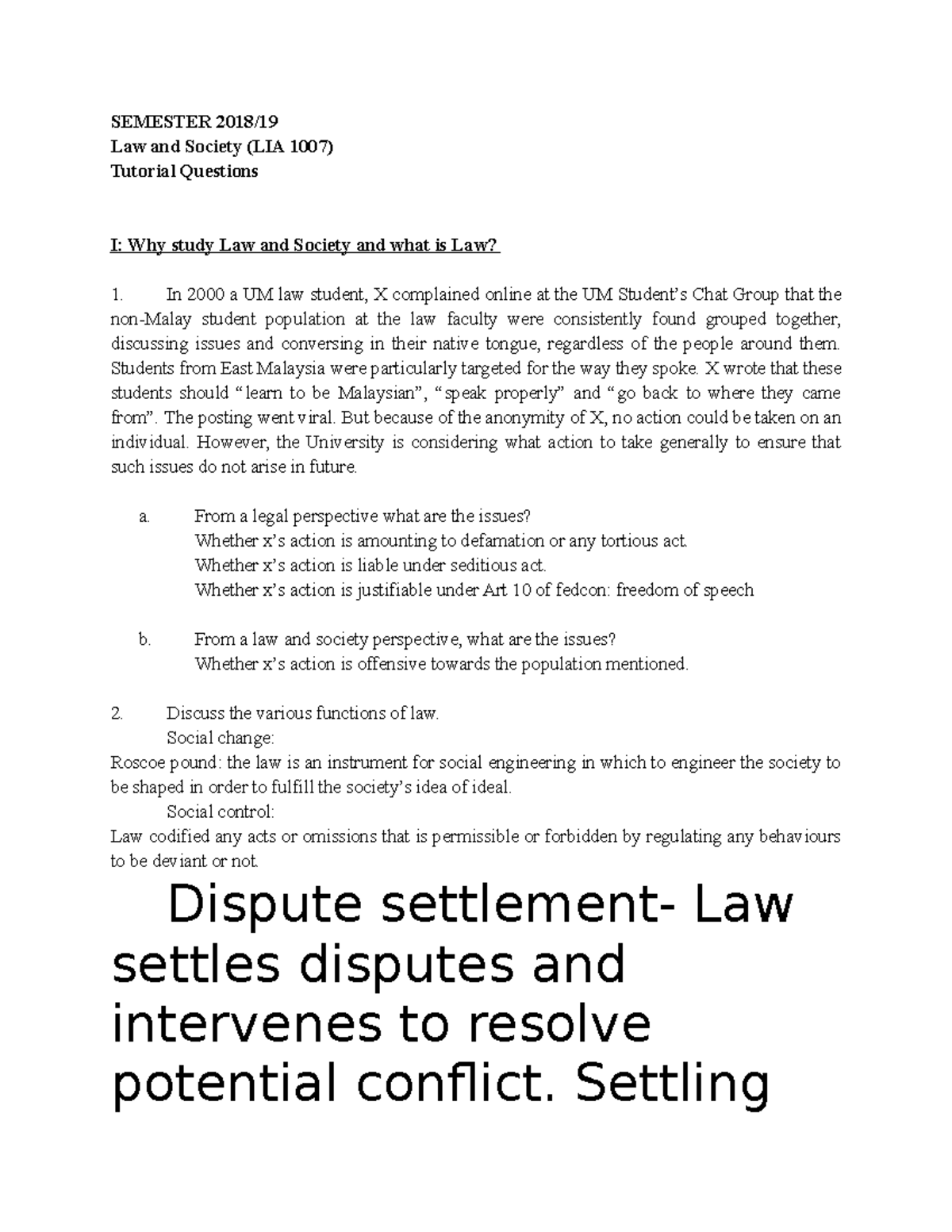 tutorial week 3 - SEMESTER 2018/19Law and Society (LIA 1007) Tutorial ...