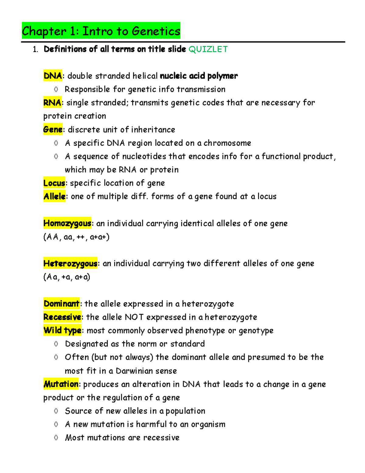 Genetics Exam 1 Study Guide - Chapter 1: Intro to Genetics Definitions ...