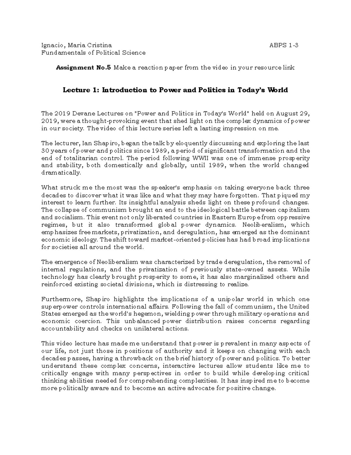 Assignment No. 5 Fundamentals of Political Science - Ignacio, Maria Cristina ABPS 1 ...