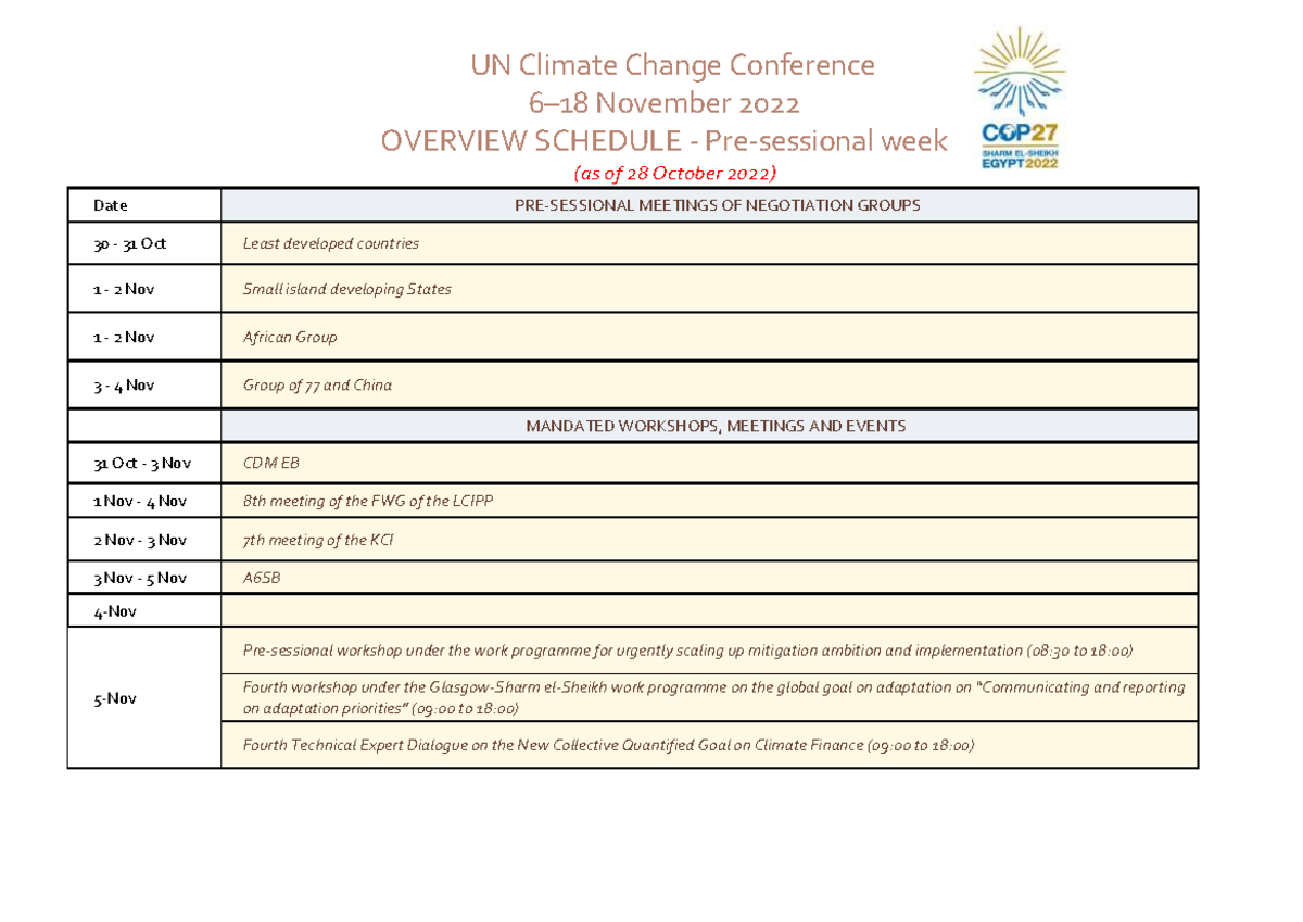 COP27 OS 18Oct2022 - COP 27 Schedule - UN Climate Change Conference 6 ...