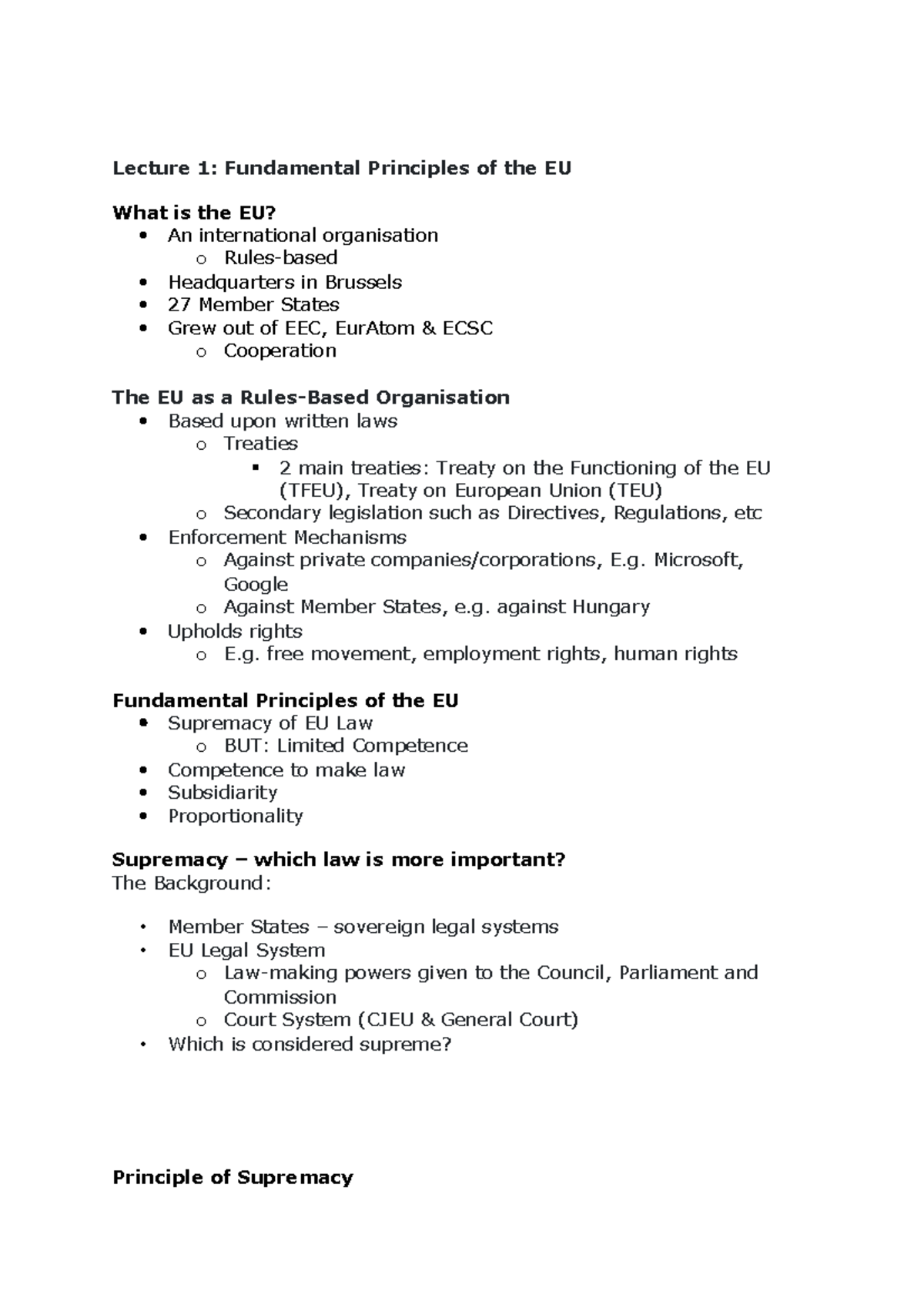 Lecture 1 - Lecture 1: Fundamental Principles of the EU What is the EU ...