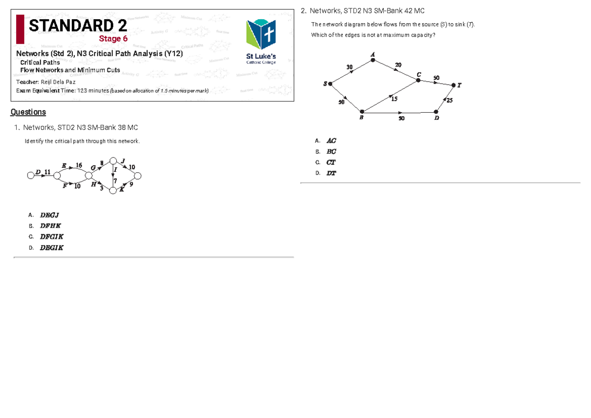 Review of critical path anaylsis - 1. Networks, STD2 N3 SM-Bank 38 MC ...