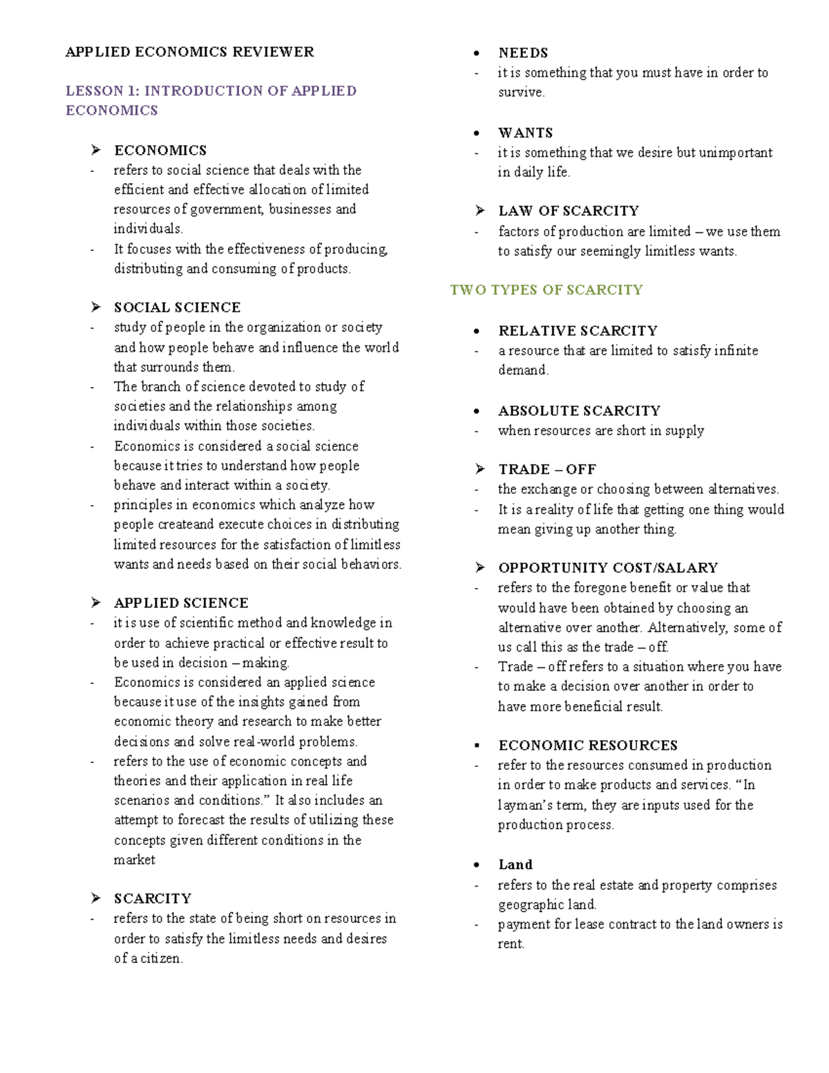 Q3 APPLIED ECONOMICS - APPLIED ECONOMICS REVIEWER LESSON 1 ...