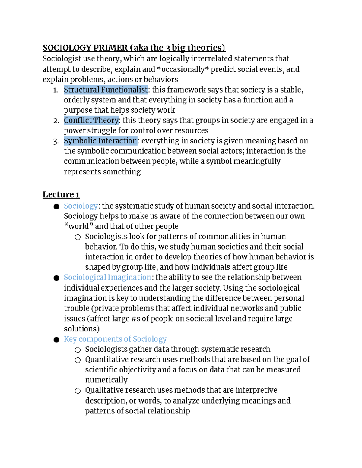 Sociology notes - SOCIOLOGY PRIMER (aka the 3 big theories) Sociologist ...