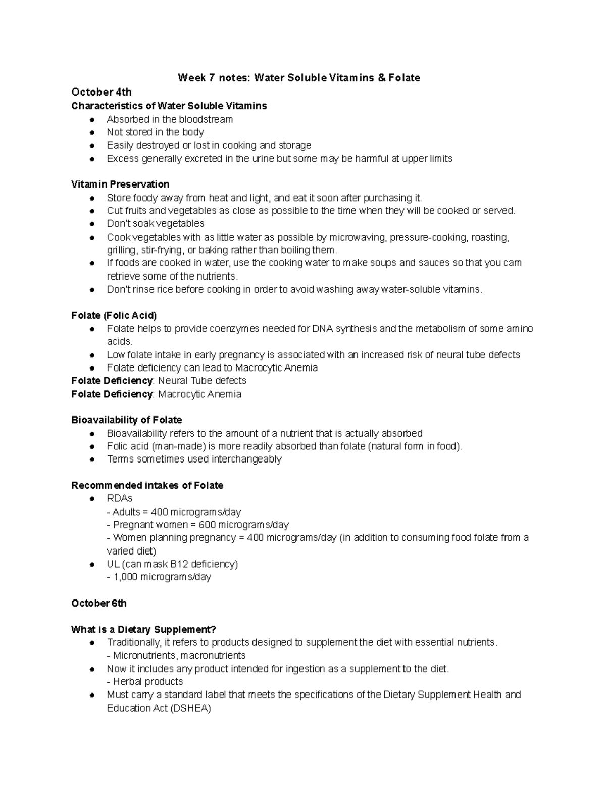 Week 7 notes - Water soluble vitamins and Folate - Week 7 notes: Water ...