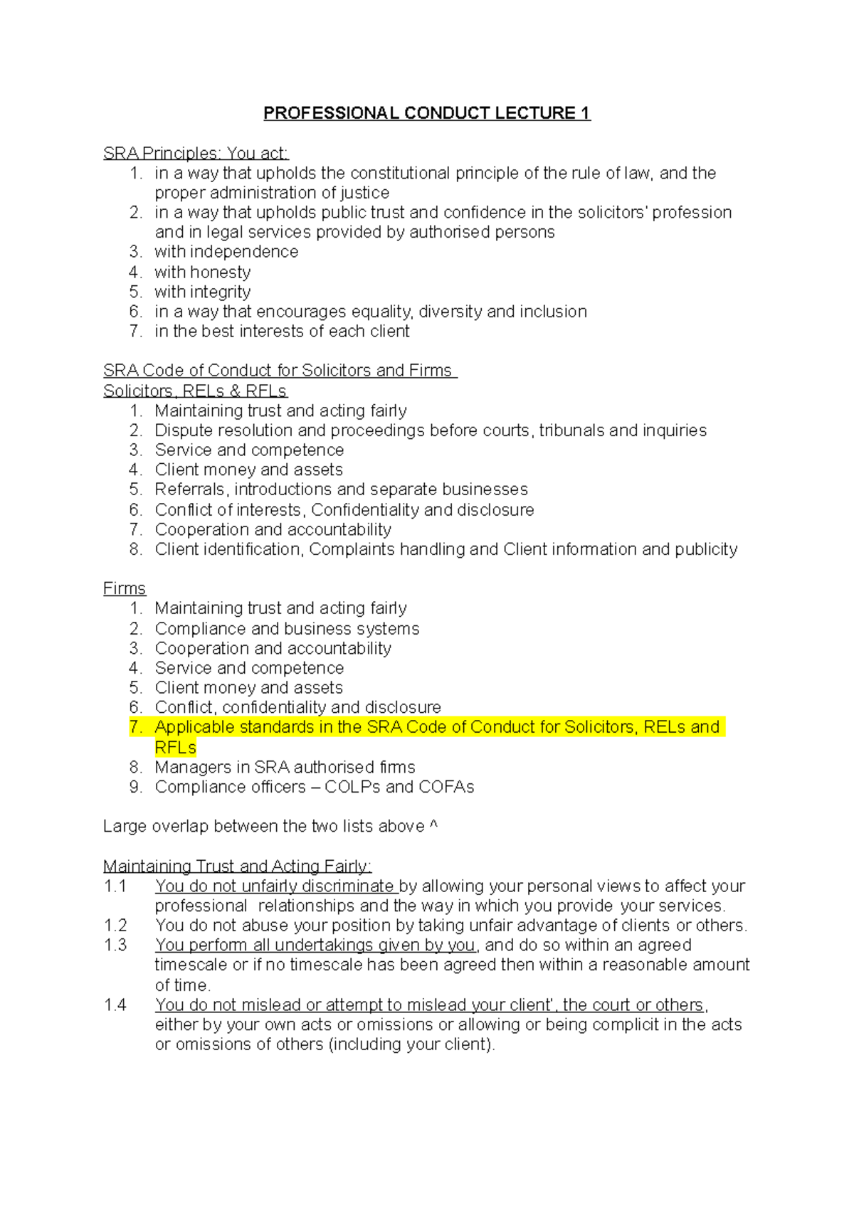 1 - Introduction - PROFESSIONAL CONDUCT LECTURE 1 SRA Principles: You ...