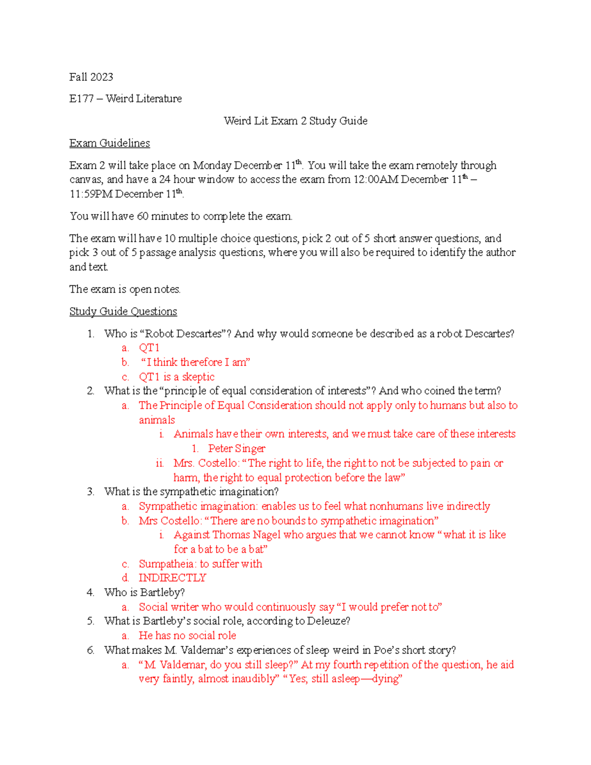 E177 Exam 2 Study Guide Fall 2023 - Fall 2023 E177 – Weird Literature ...