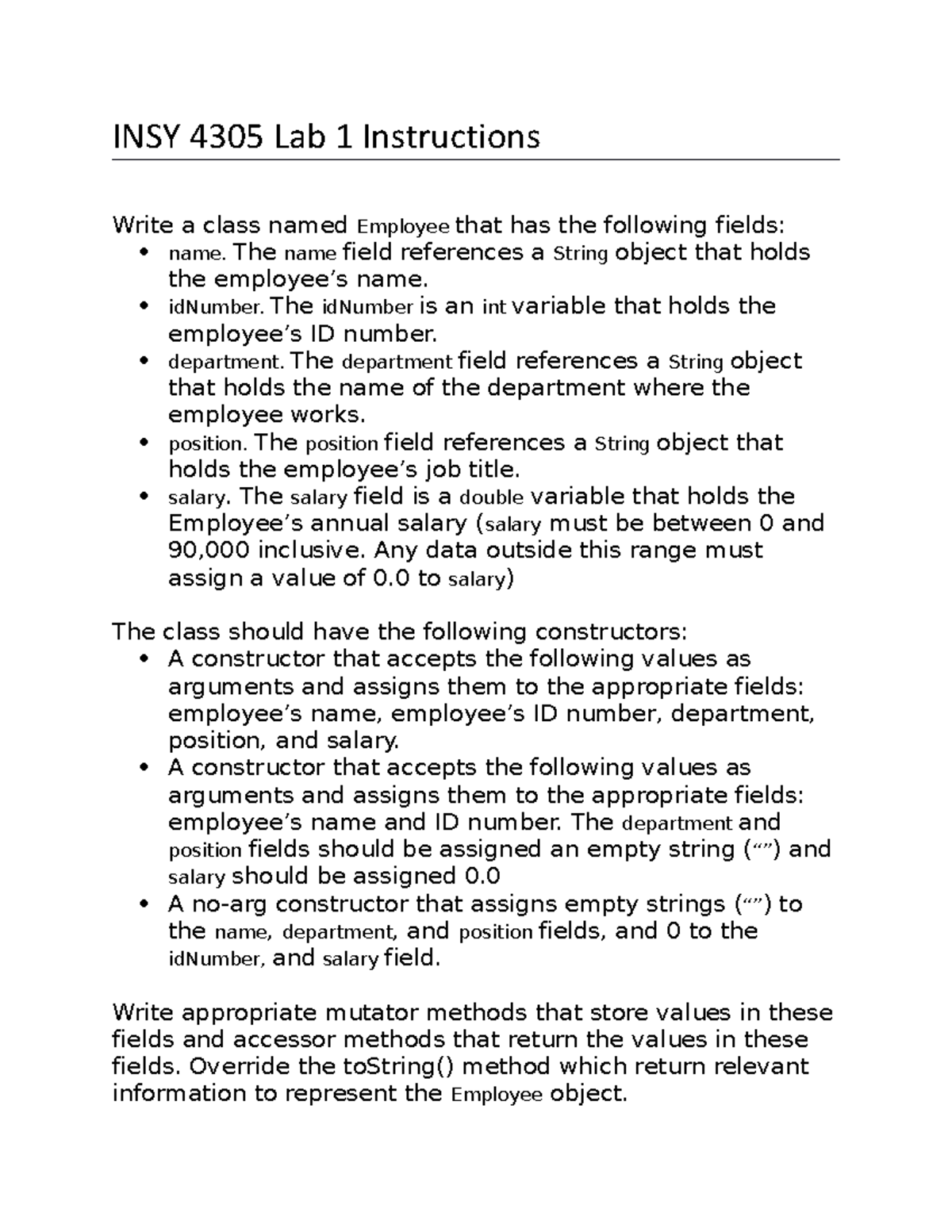 Lab 1-2 - lab info - INSY 4305 Lab 1 Instructions Write a class named ...