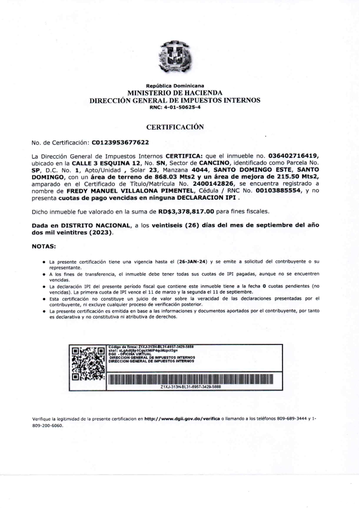 Certificacion IPI - conocimiento de registro inmobiliario - República Dominicana MINISTERIO DE ...