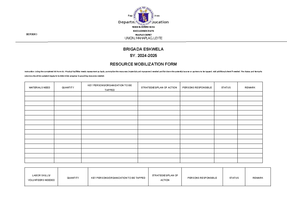 Brigada Eskwela FORM 3 Resource Mobilization FORM - Republic of the ...