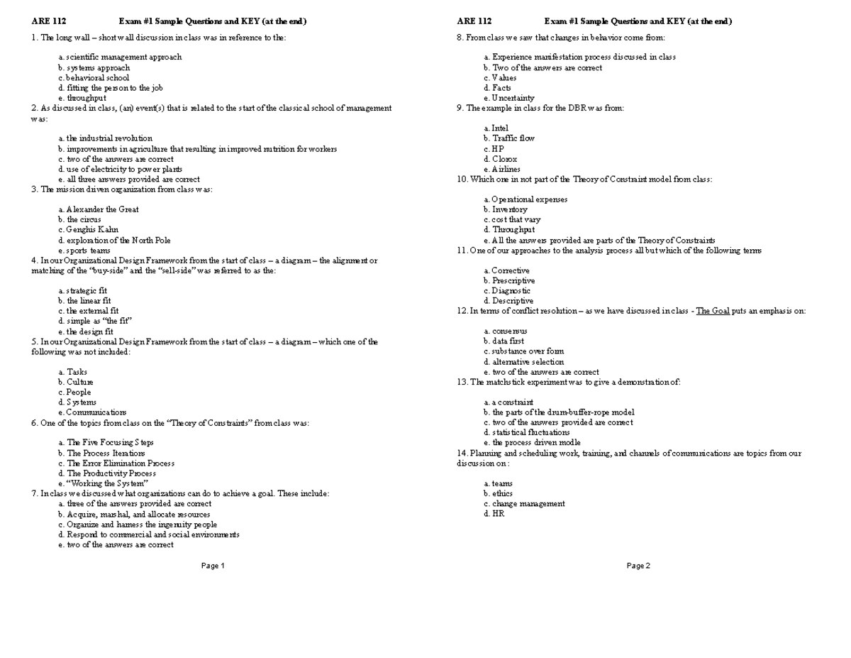 ARE112 Midterm 1 - ARE 112 Exam #1 Sample Questions and KEY (at the end ...