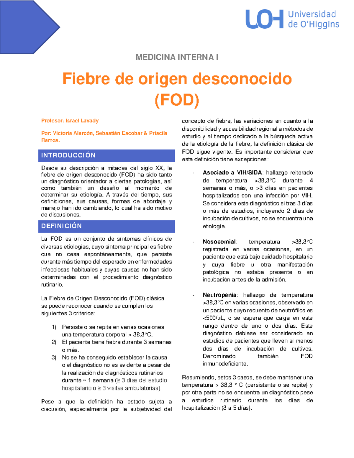 Material FOD - fod - MEDICINA INTERNA I Fiebre de origen desconocido (FOD) Profesor: Israel ...