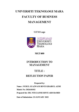 MGT430 Details OF Assessment - SEMESTER MARCH 2024 MGT LECTURER’S NAME ...