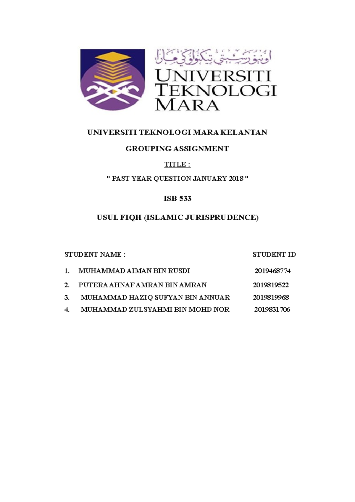 ISB533 January 2018 UiTM - UNIVERSITI TEKNOLOGI MARA KELANTAN GROUPING ...