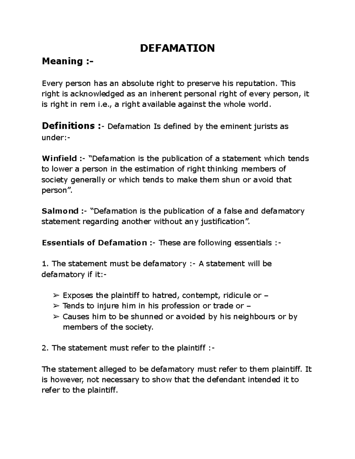 Defamation - DEFAMATION Meaning :- Every person has an absolute right ...