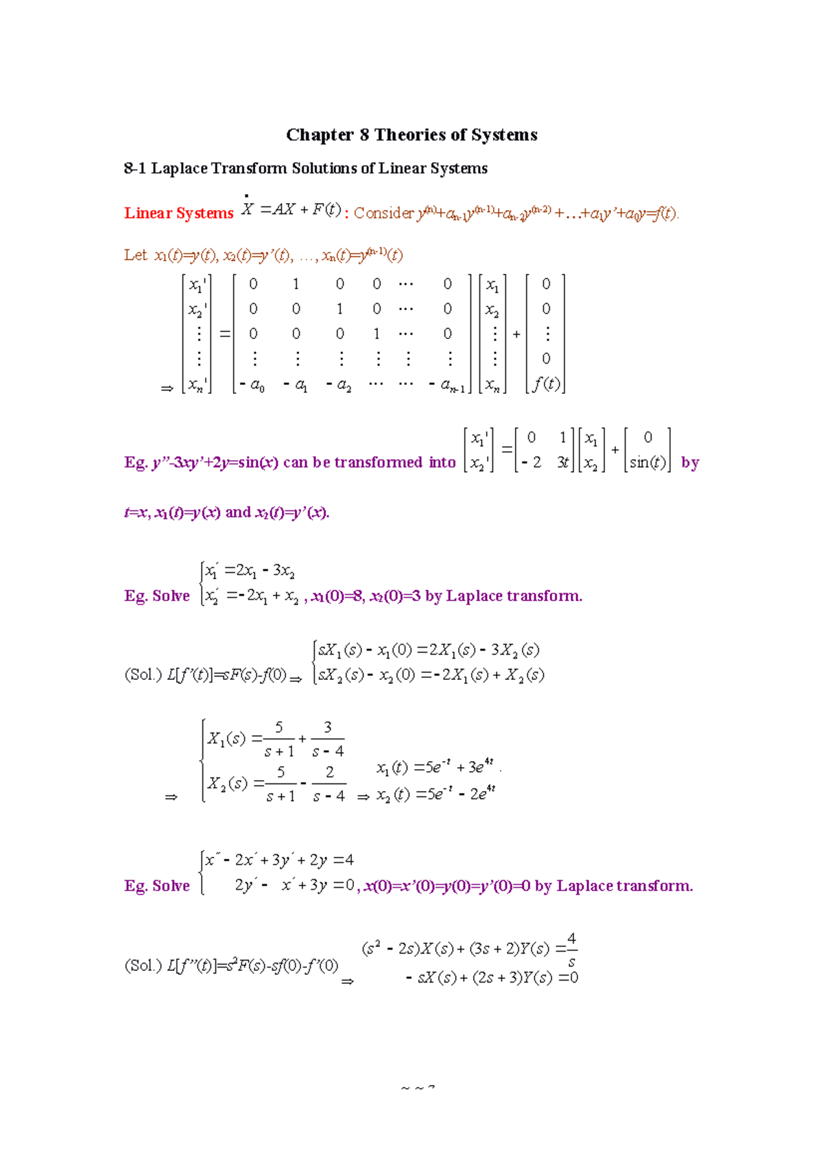 Math8 - sasas - Chapter 8 Theories of Systems 8-1 Laplace Transform Solutions of Linear Systems ...