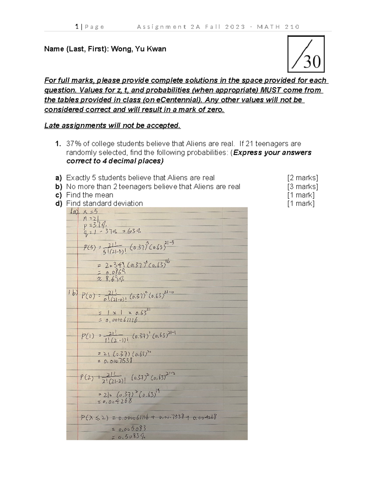 Math 210 - Assignment 2A - Statistics - Name (Last, First): Wong, Yu ...