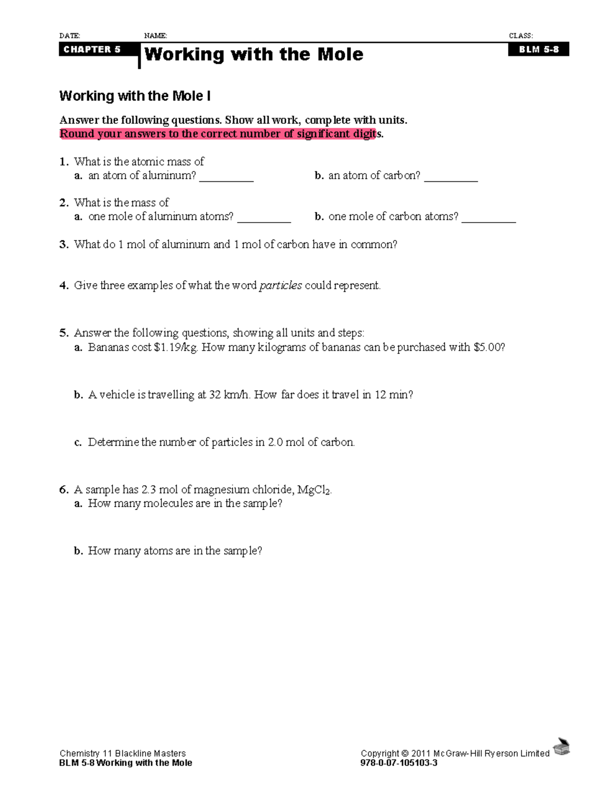 SCH3U - Unit D - WS03 - Moles and Molar Mass - Chemistry 11 Blackline ...