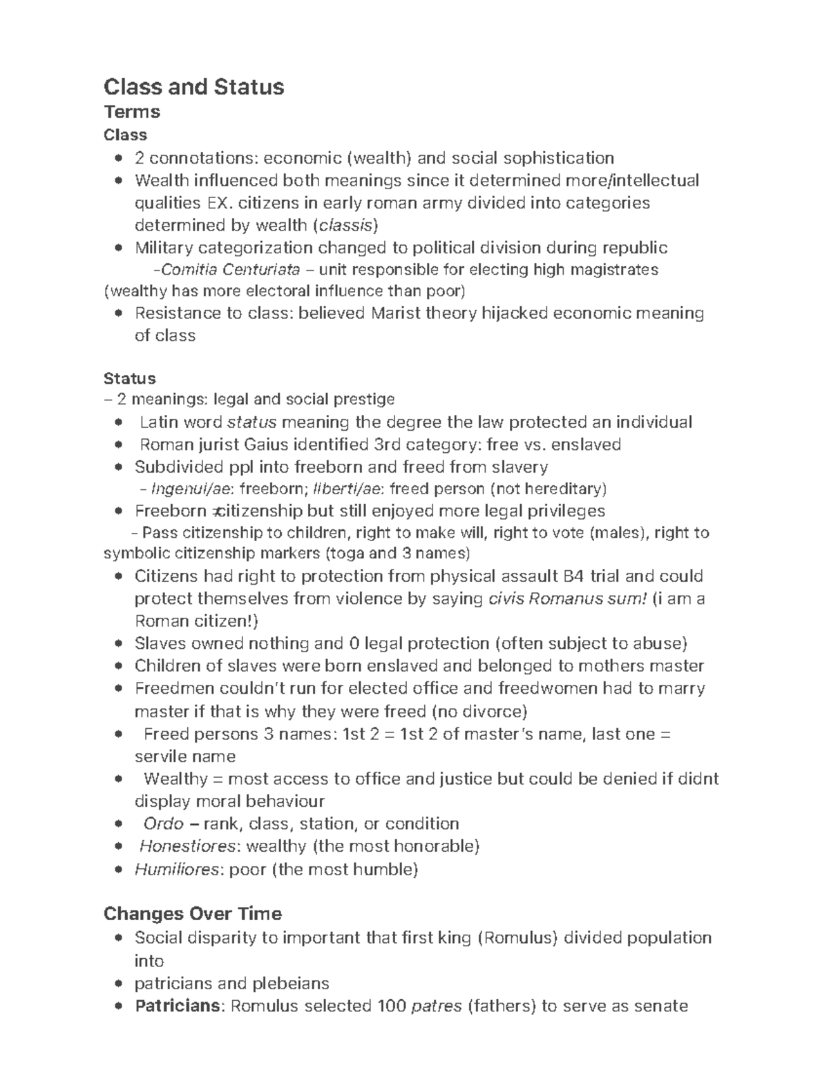 Class and Status - Notes from lecture and textbook - Class - Studocu