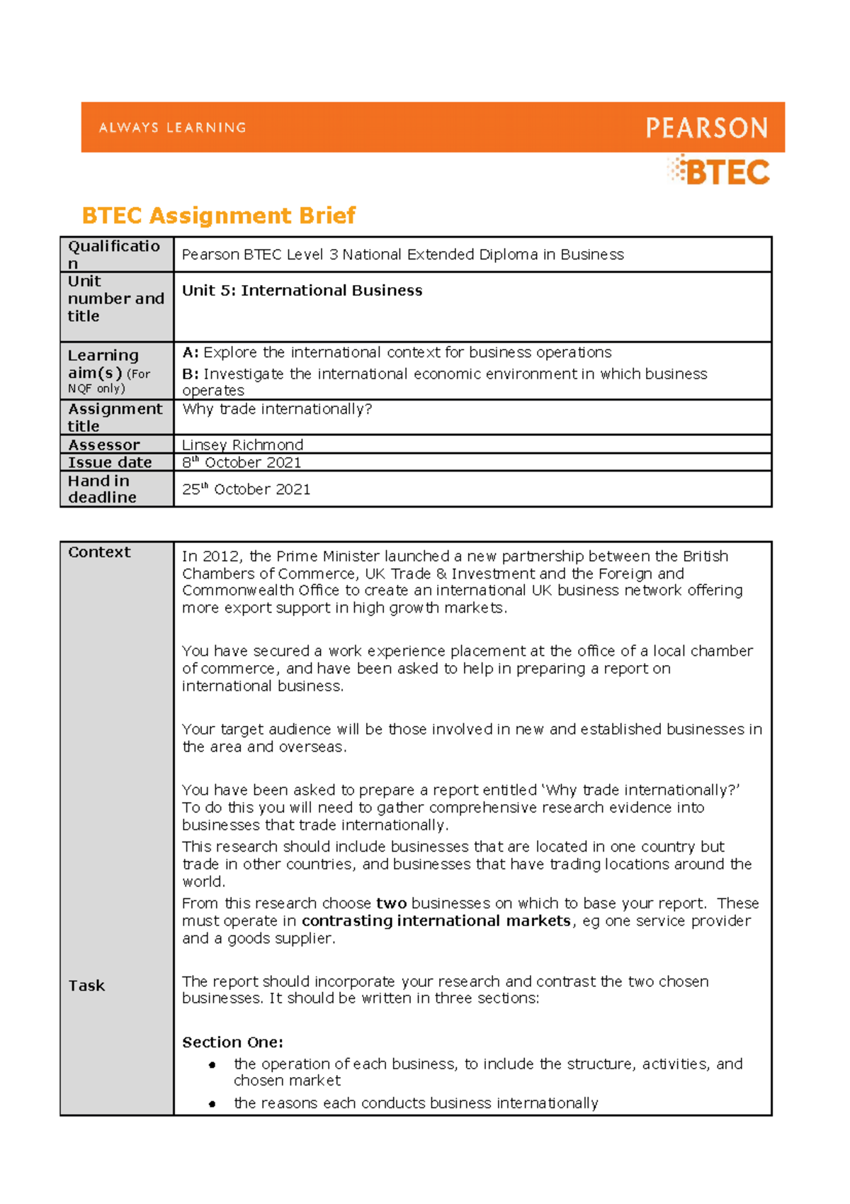 Unit 5 International Business Ass 1 - BTEC Assignment Brief ...