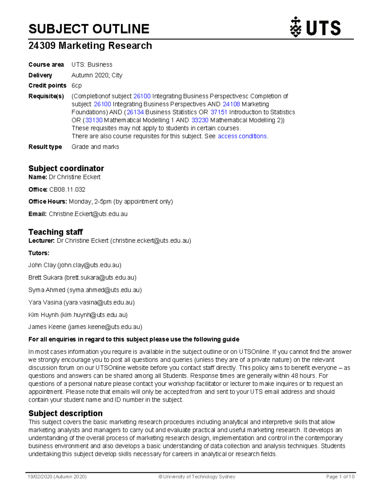 Marketing Research Subject Outline - SUBJECT OUTLINE 24309 Marketing ...