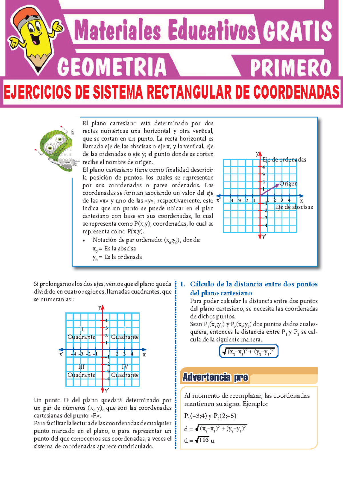 Ejercicios de Sistema Rectangular de Coordenadas Para Primer Grado de ...