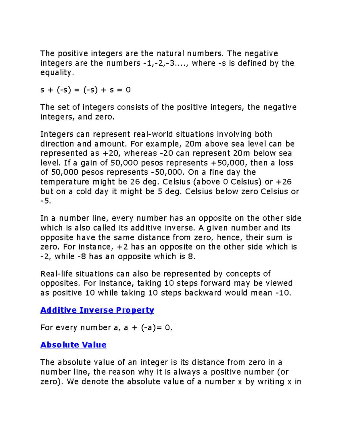 Definition of Integers - The positive integers are the natural numbers ...