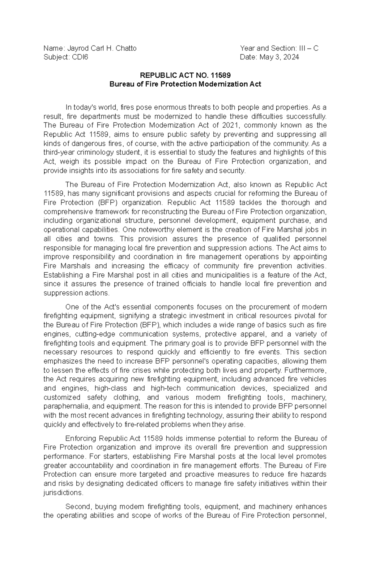 Jayrod BFP Modernization Act of 2021 - Name: Jayrod Carl H. Chatto Year ...
