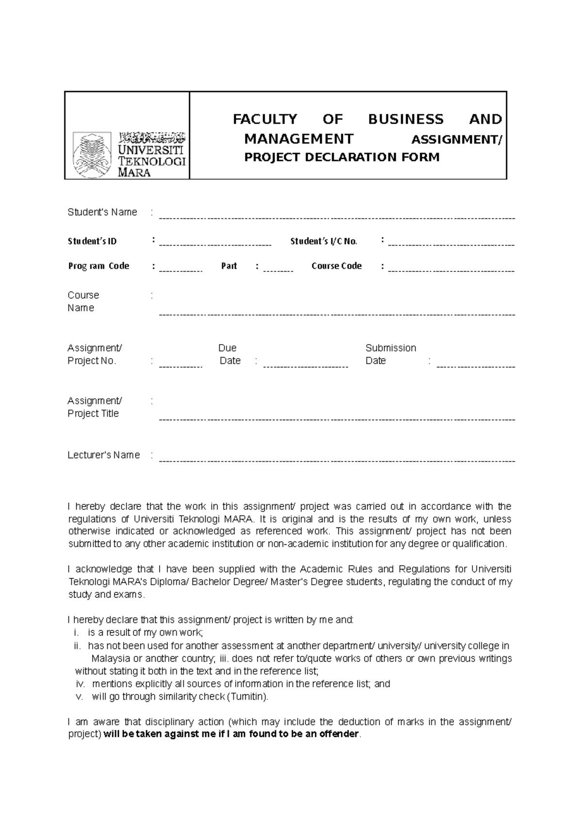 Assignment%20Project%20Declaration%20Form%20-%20 Final - FACULTY OF ...