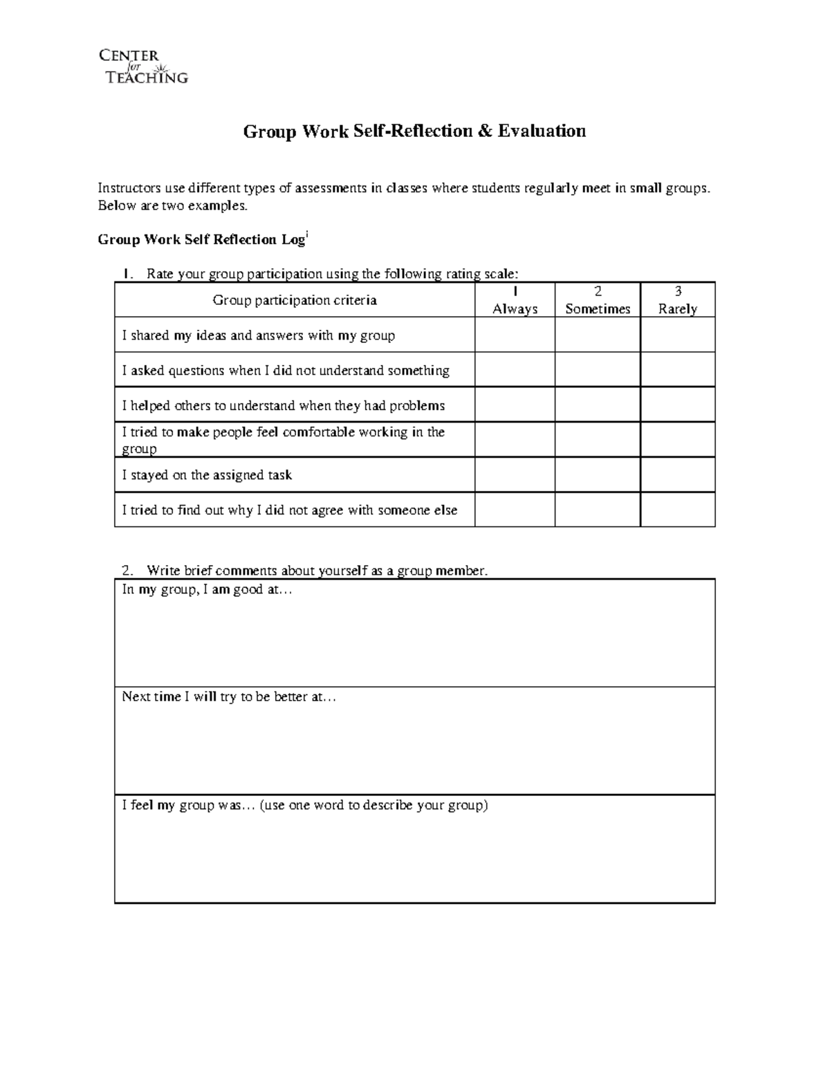Group Work Self-Reflection and Evaluation ed - Group Work Self ...