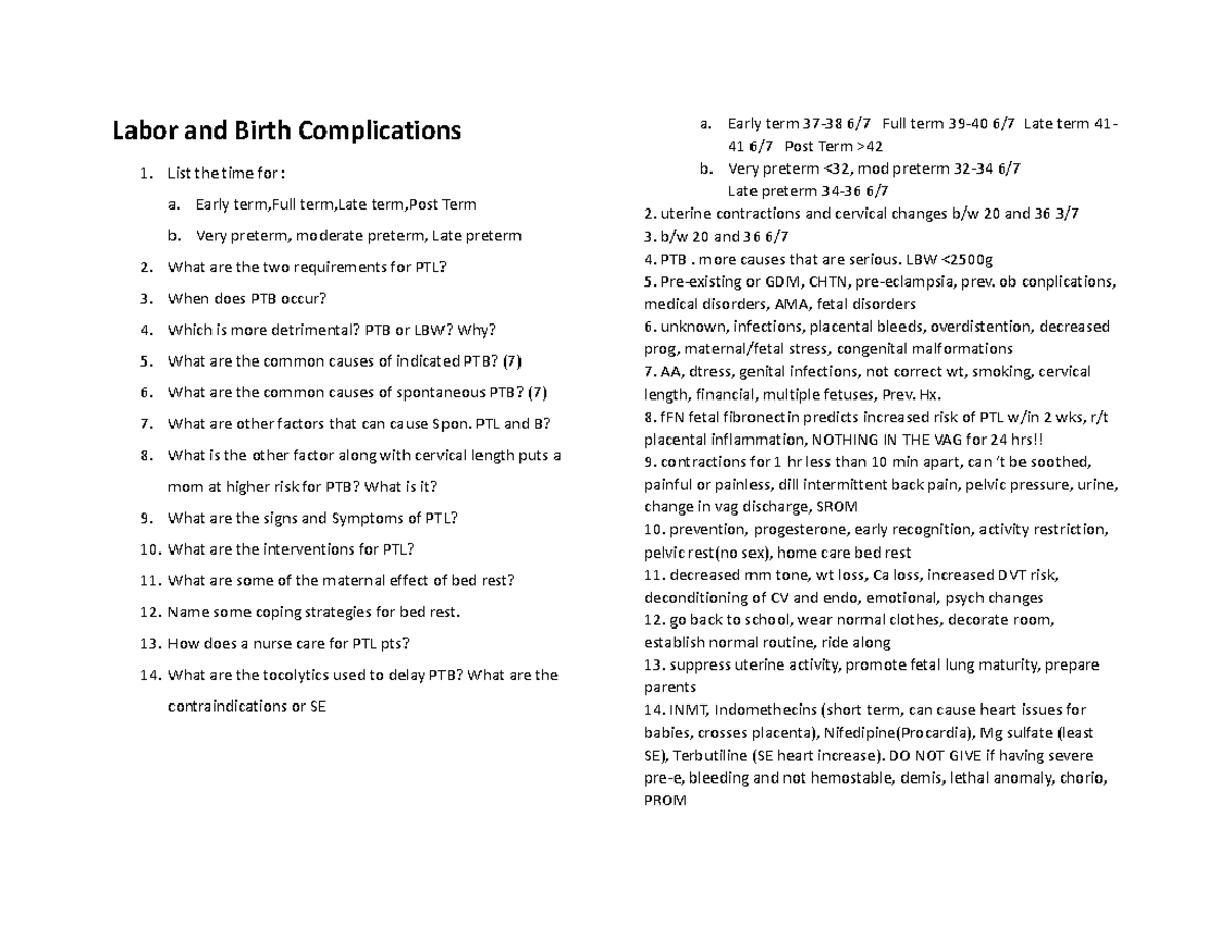 Labor and Birth Complications study questions - Labor and Birth ...