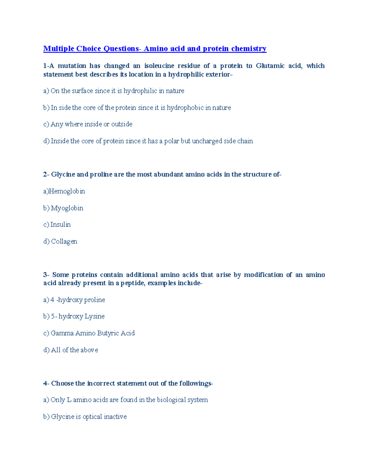 Protein exam - lecture - Multiple Choice Questions- Amino acid and ...