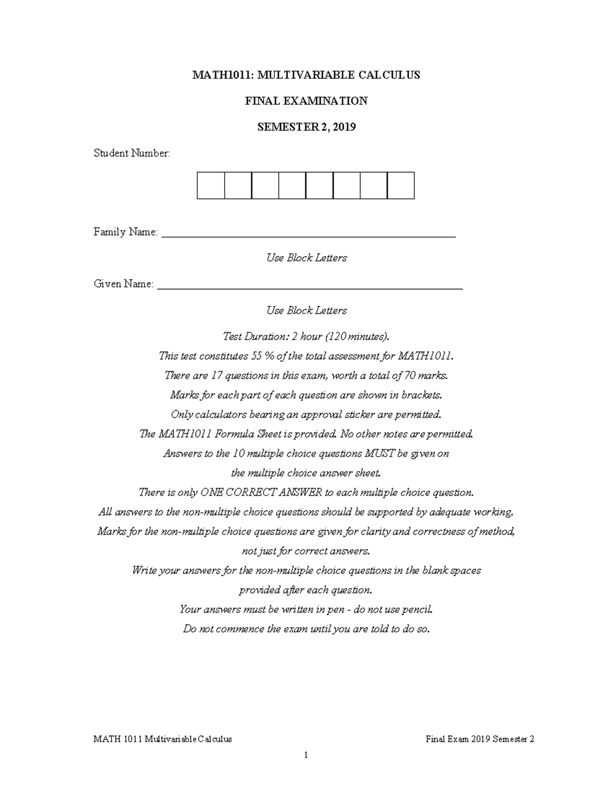 Final Exam 2019 Sem 2 MATH1011 - MATH 1011 Multivariable Calculus Final ...
