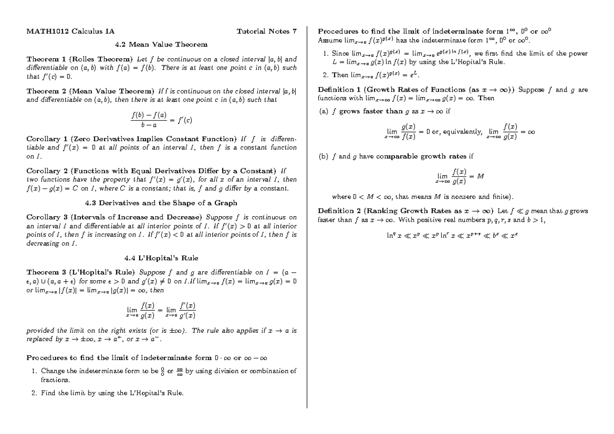TN07 - Dave Au - MATH1012 Calculus IA Tutorial Notes 7 4 Mean Value ...