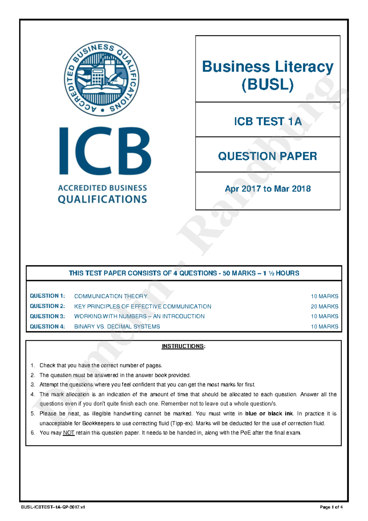 BUSL Icbtest 1A QP 2017 - ICB Tests - THIS TEST PAPER CONSISTS OF 4 ...