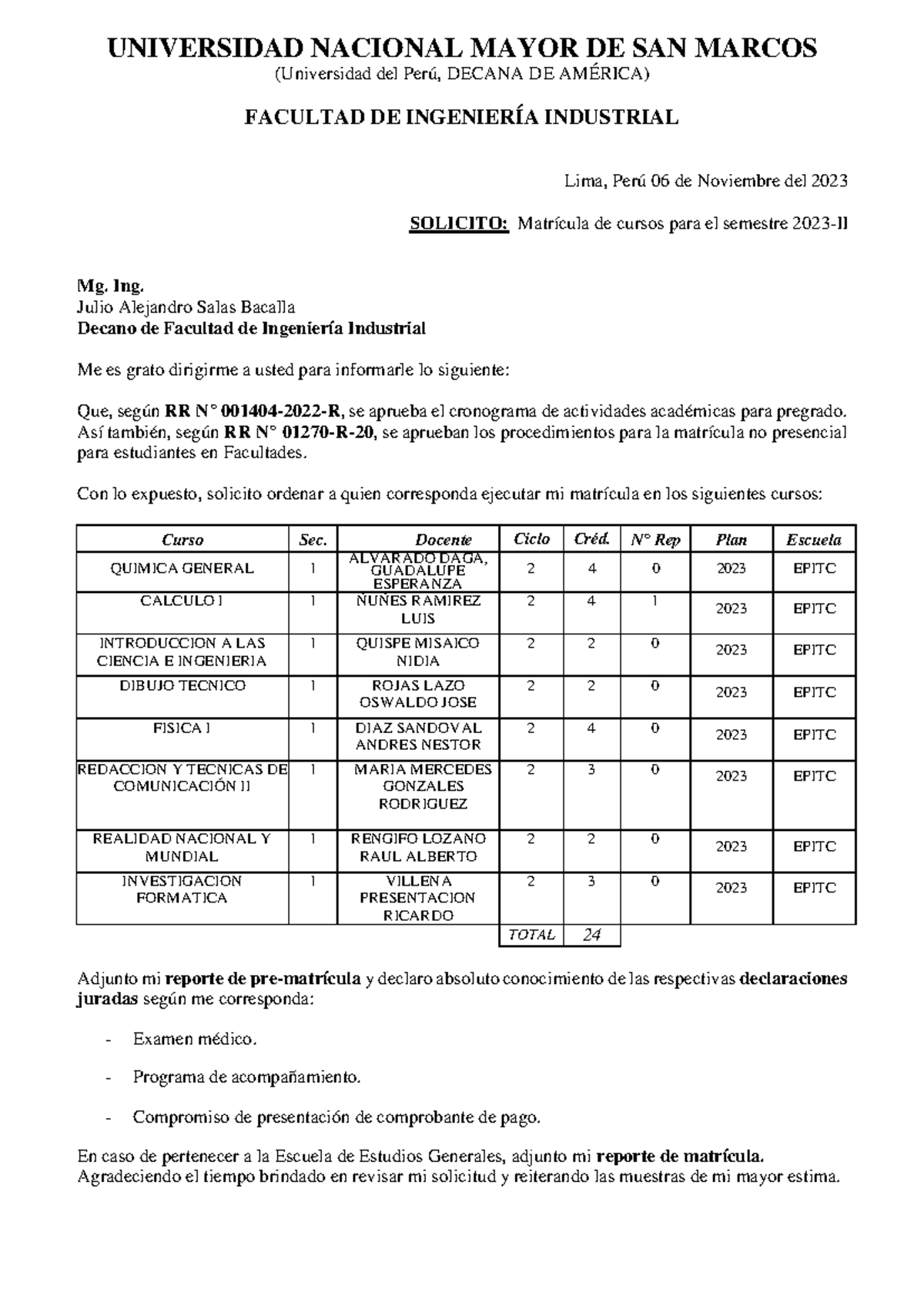 Matricula extemporanea - 0 - EPII (1) - UNIVERSIDAD NACIONAL MAYOR DE ...