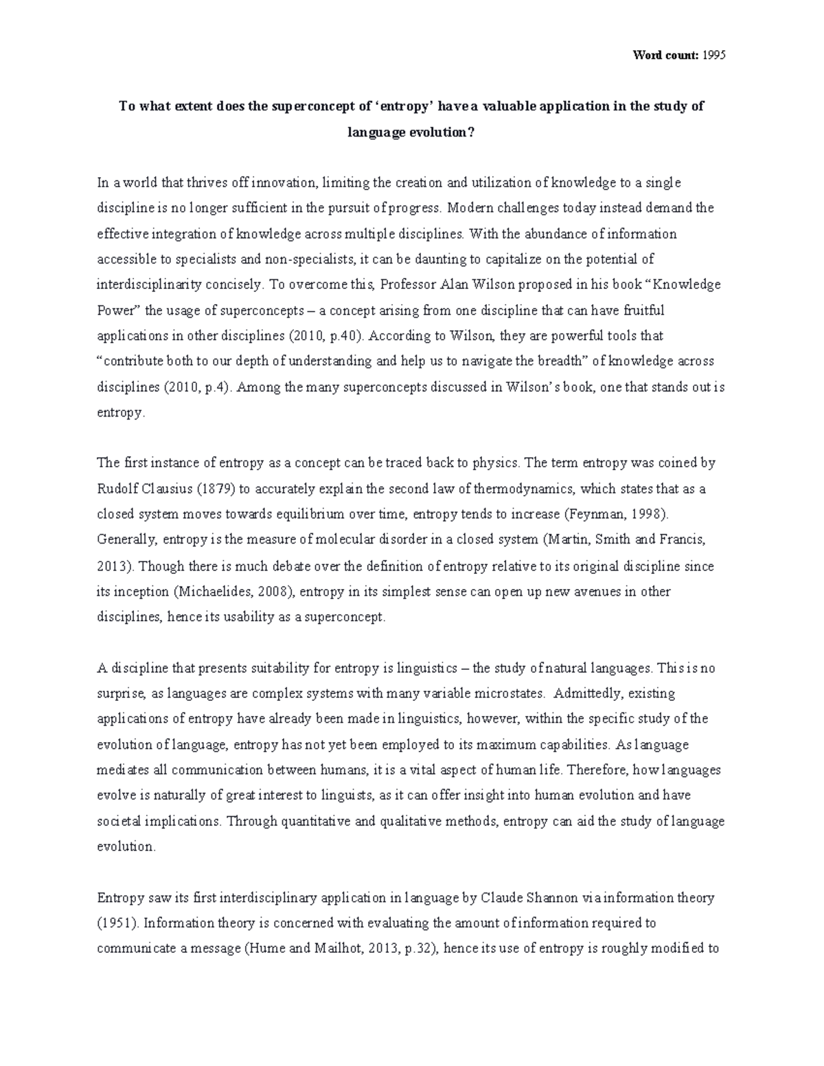 Superconcepts essay: Entropy - Word count: 1995 To what extent does the ...