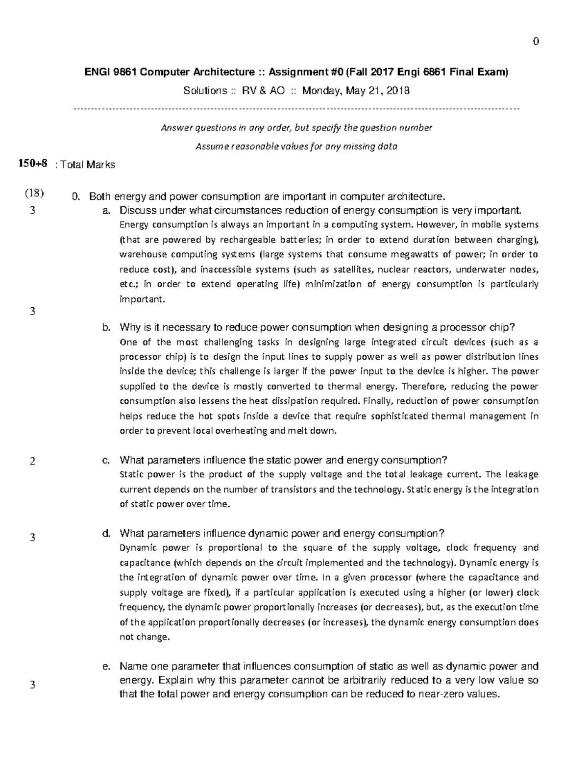 Solutions Assignment #0 - ENGI 9861 Computer Architecture :: Assignment #0 (Fall 2017 Engi 6861 ...