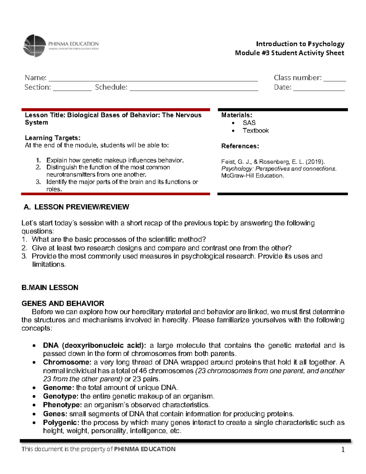 SAS Module-3 Biological-Basis-of-Behavior - Module # 3 Student Activity Sheet Name: - Studocu