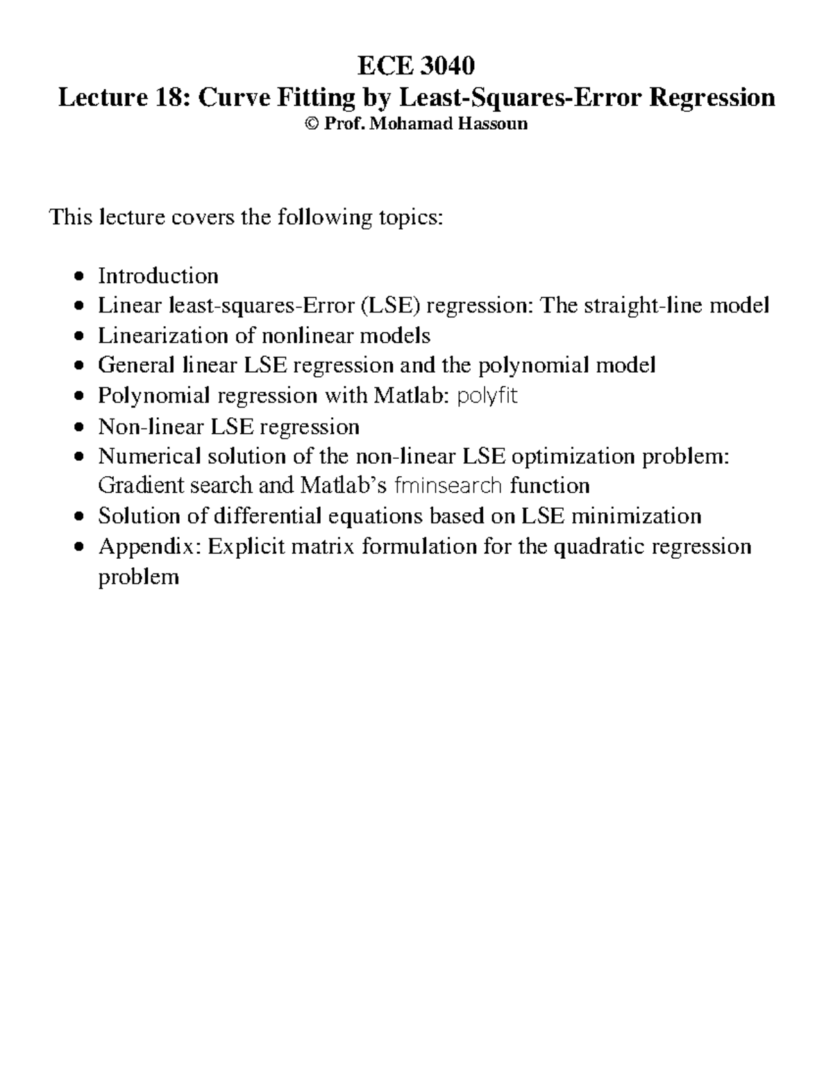 Lecture 18 - ECE 3040 Lecture 18: Curve Fitting by Least-Squares-Error Regression © Prof ...