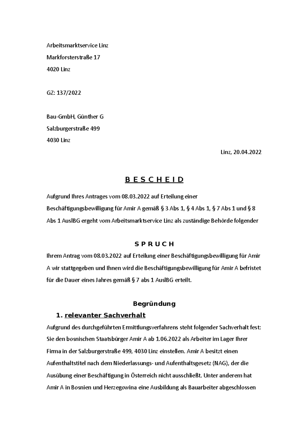 Bescheid Ausländerbeschäftigungsgesetz - Arbeitsmarktservice Linz ...