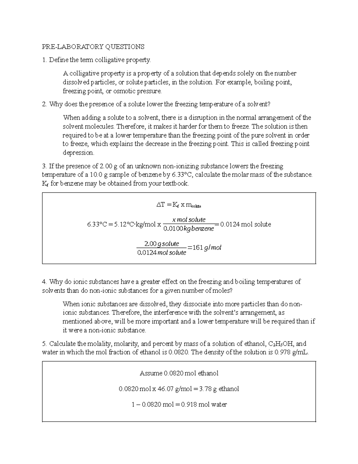 Colligative Properties - PRE-LABORATORY QUESTIONS Define the term ...