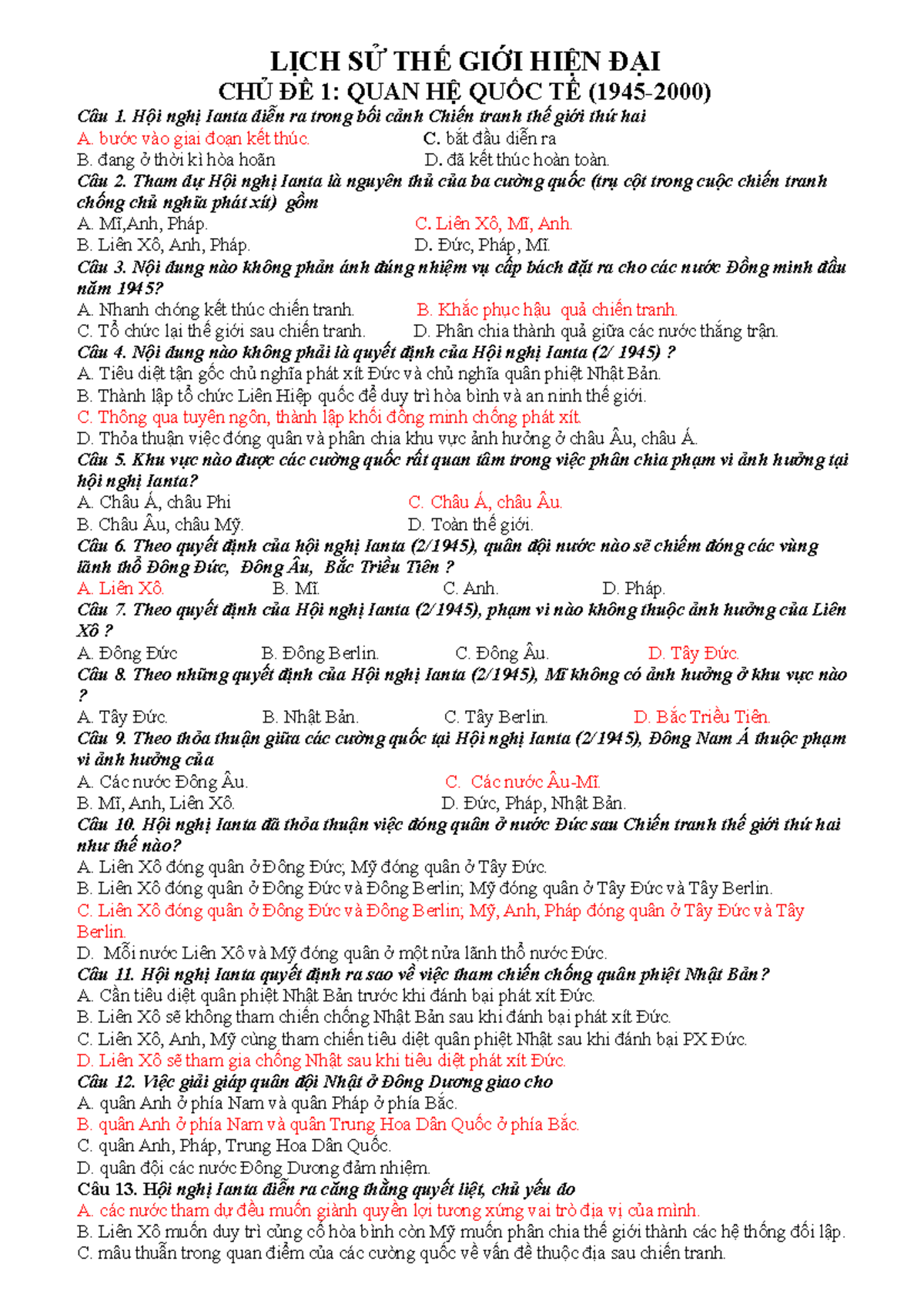 ÔN TRẮC NghiệM LSTG- CĐ1 - LỊCH SỬ THẾ GIỚI HIỆN ĐẠI CHỦ ĐỀ 1: QUAN HỆ ...