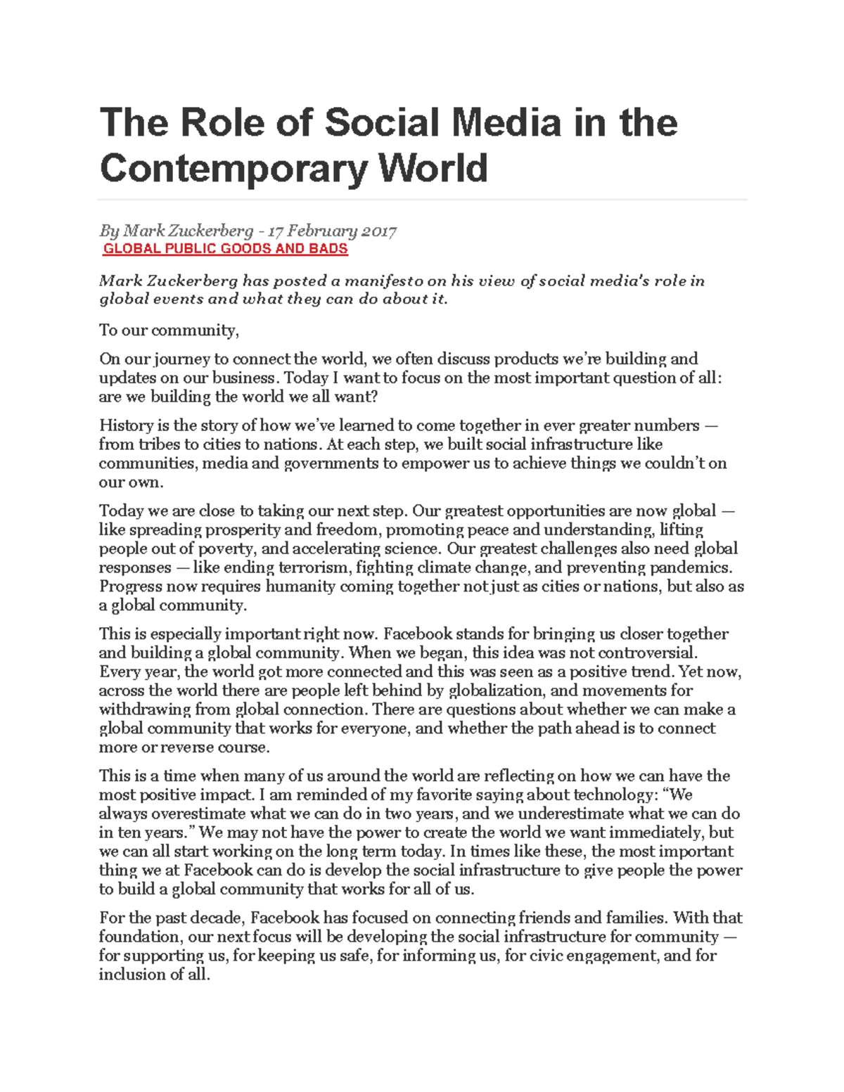 The Role Of Social Media In The Contemporary World To Our Community