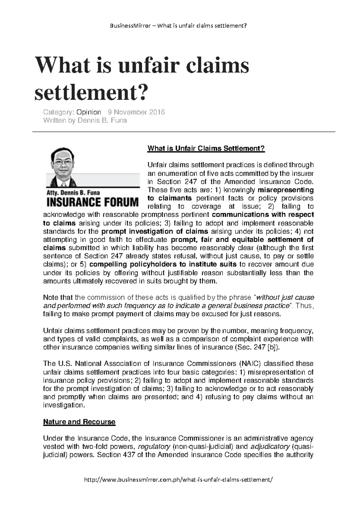 Article 103 - BusinessMirror – What is unfair claims settlement? - Studocu