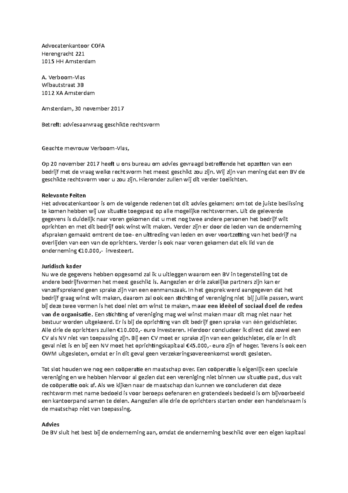 Adviesbrief ondernemingsvorm - Advocatenkantoor COFA Herengracht 221 ...